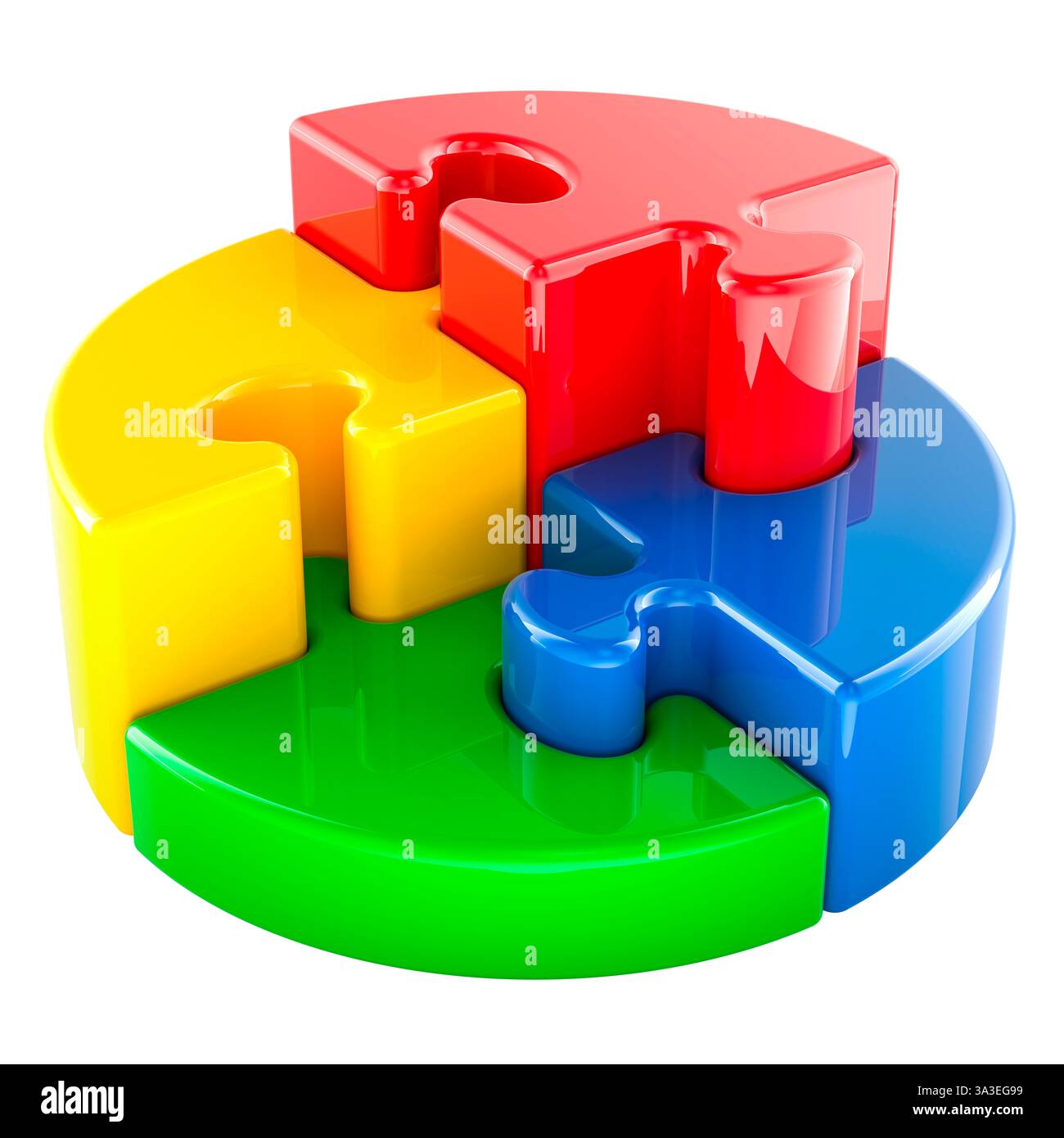 Growing Pie Chart from colored puzzles, 3D rendering isolated on white ...