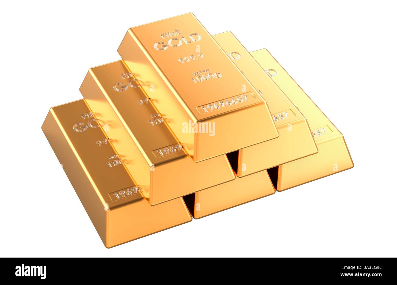 Heap of golden bars, golden ingots. 3D rendering isolated on white ...