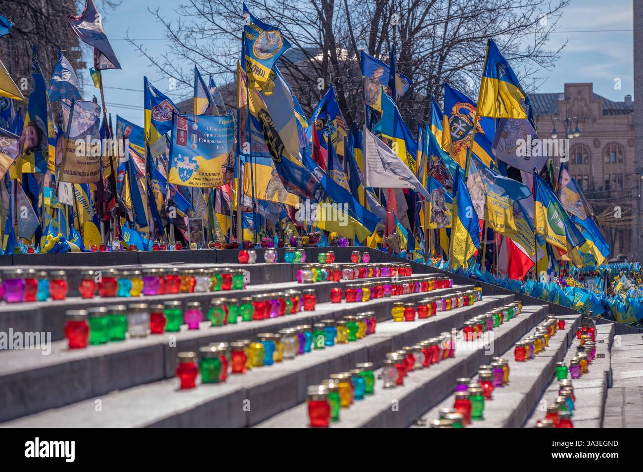Kyiv, Ukraine - 14th March, 2025. A vibrant memorial adorned with ...
