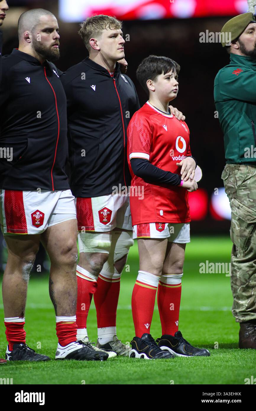 Wales captain Jac Morgan with their mascot ahead of the 2025 Guinness 6 Nations match Wales vs ...