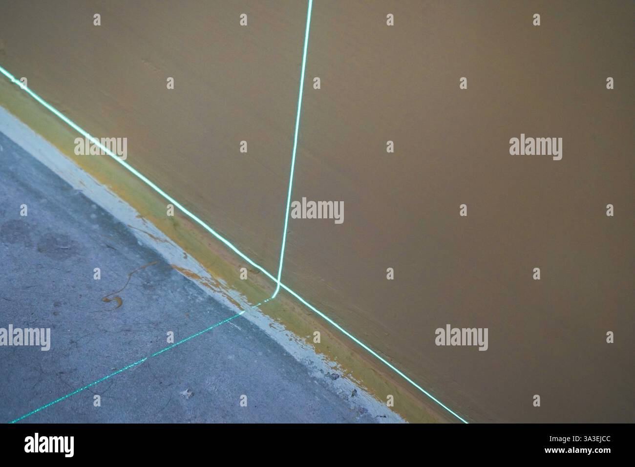 The green laser level projects dual overlapping lines on the floor ...