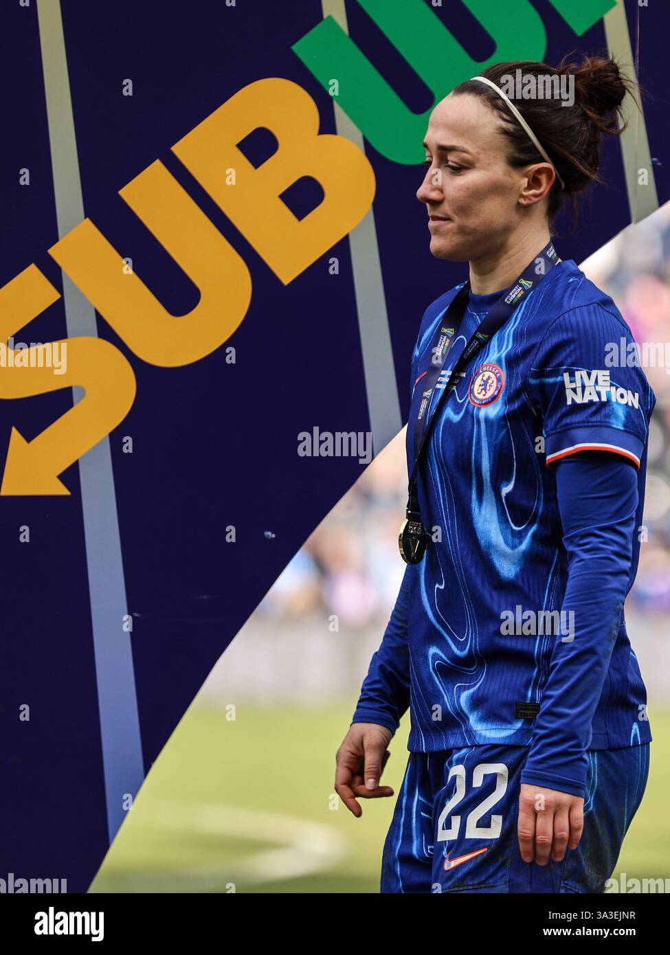 Derby, UK. 15th Mar, 2025. Lucy Bronze (22 Chelsea) with her winners ...
