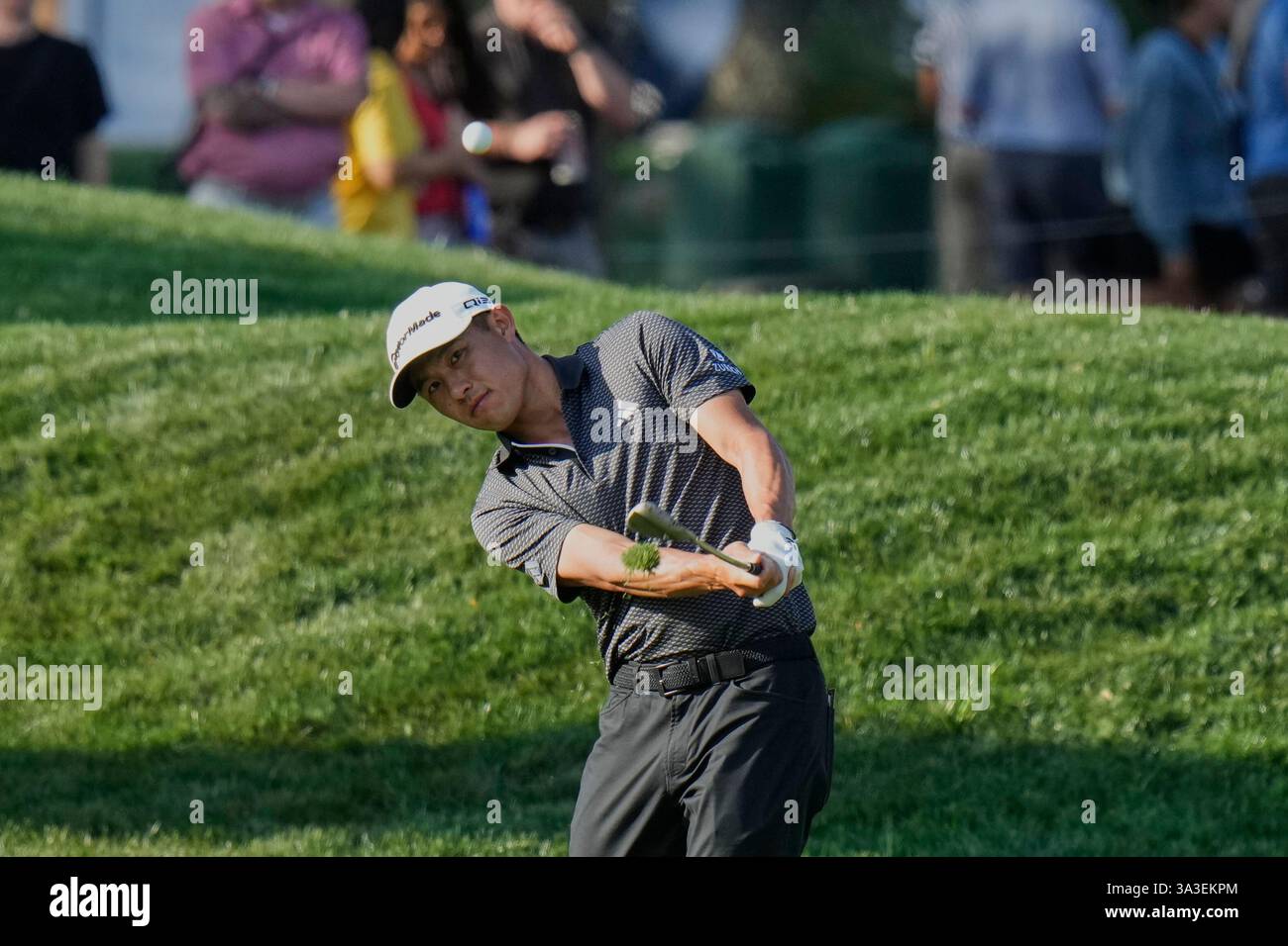 Collin Morikawa chips onto the 14th green during the third round of The ...