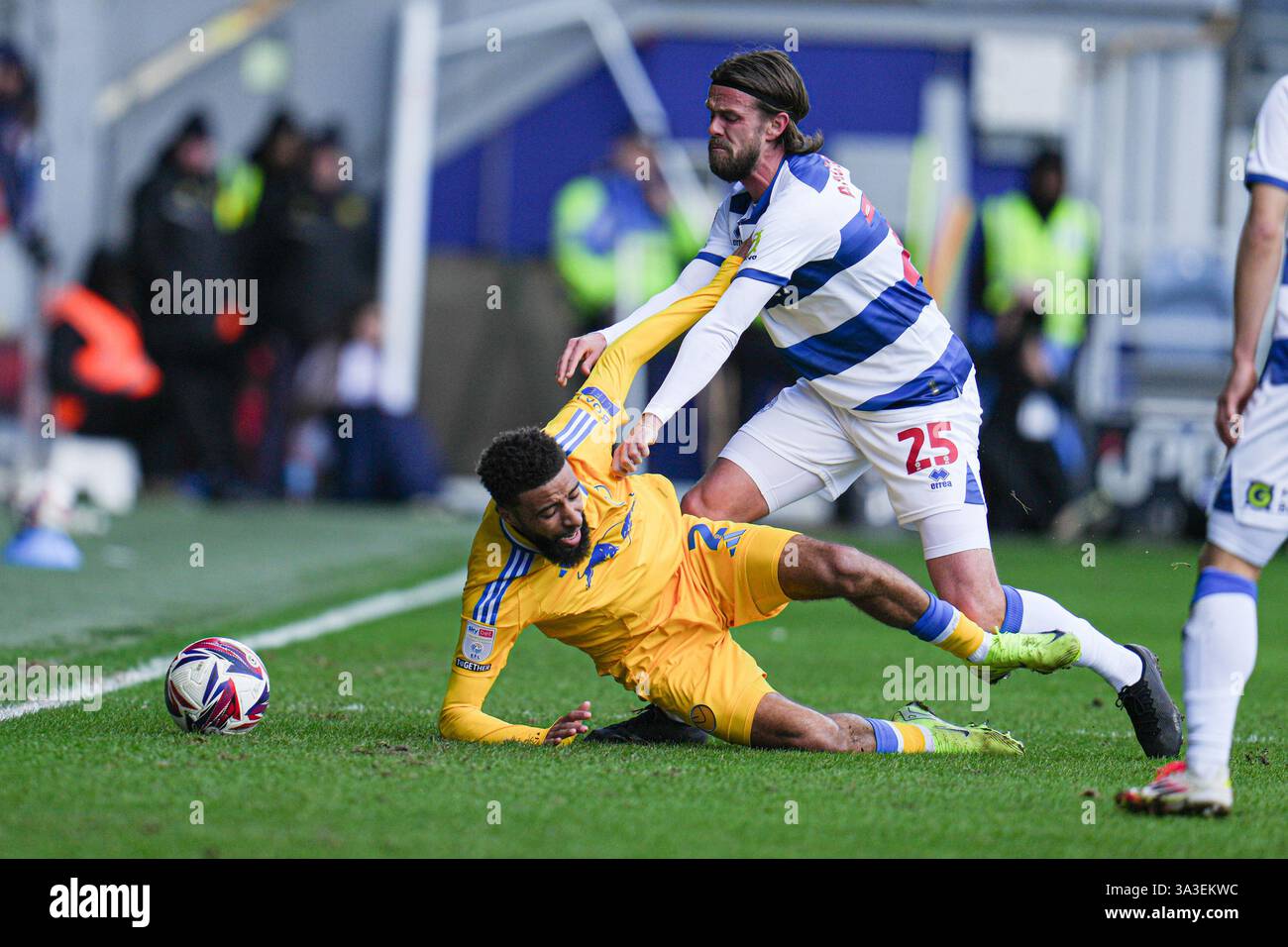 Lucas Andersen of Queens Park Rangers fouls Jayden Bogle of Leeds ...