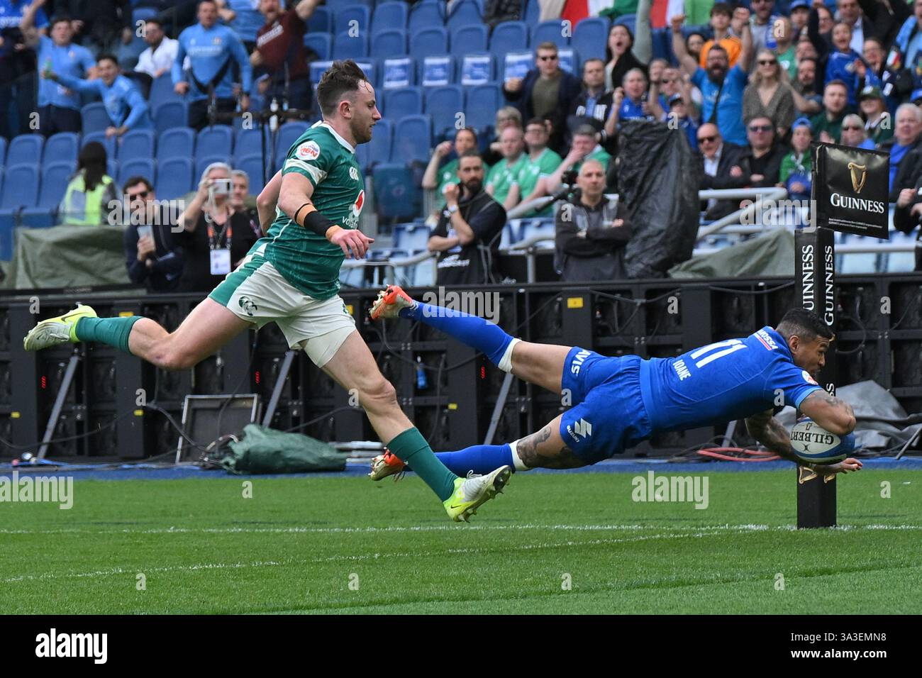 Rome, Lazio. 15th Mar, 2025. Monty Ioane of Italy try to score during 6 ...