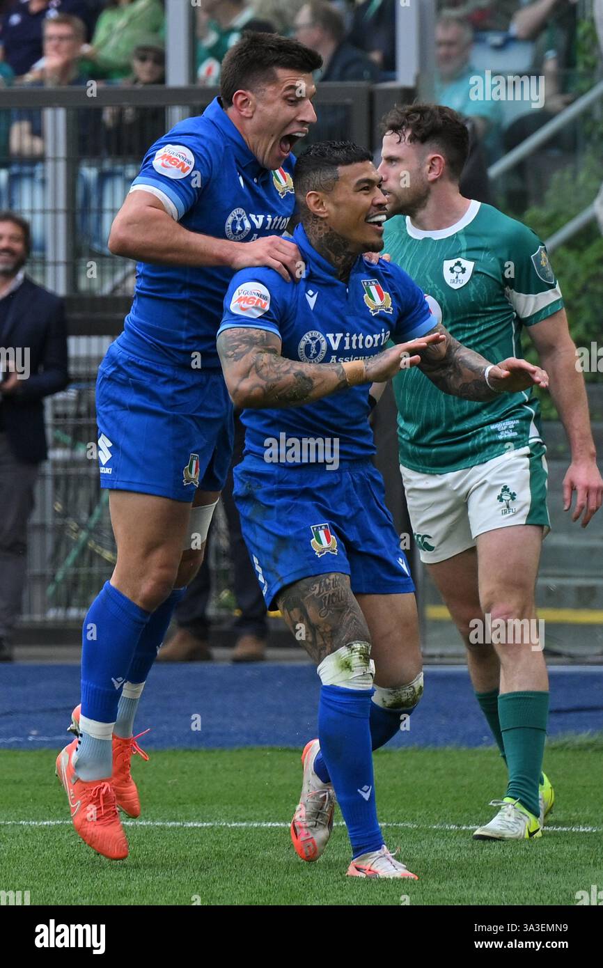 Rome, Lazio. 15th Mar, 2025. Monty Ioane of Italy celebrates try to ...