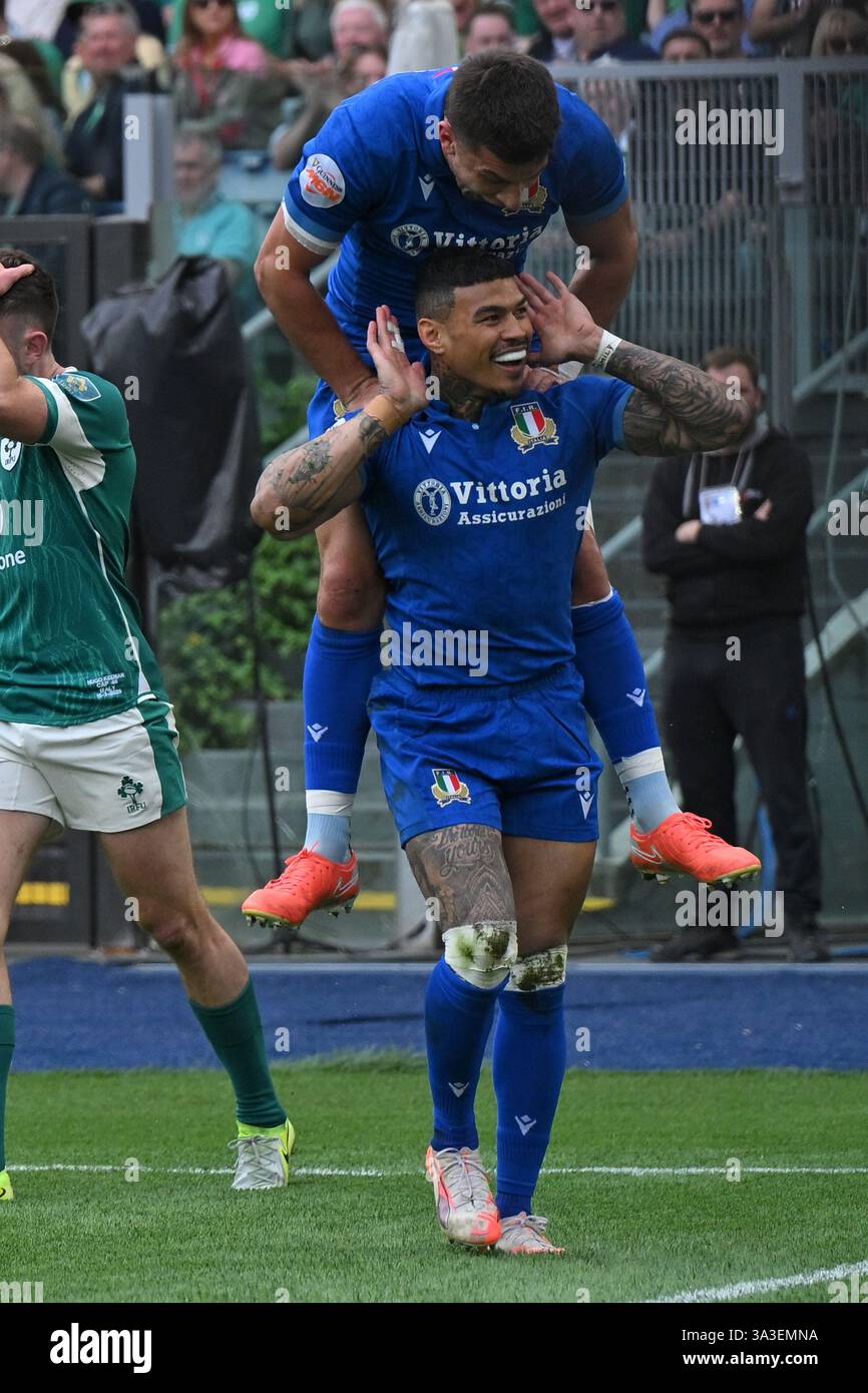Rome, Lazio. 15th Mar, 2025. Monty Ioane of Italy celebrates try to ...