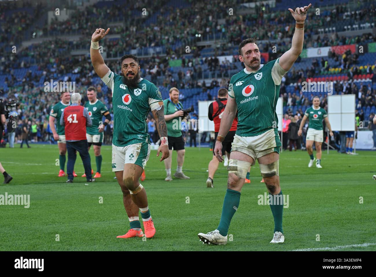 Rome, Lazio. 15th Mar, 2025. Bundee Aki of Ireland, Jack Conan of ...