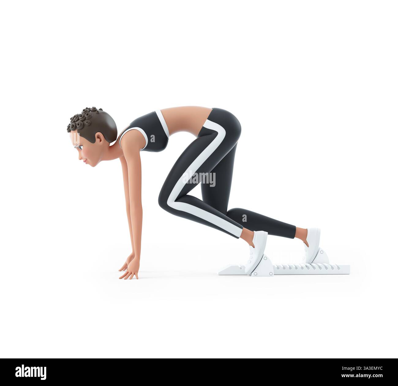 3d sporty character woman in the starting blocks, illustration isolated ...