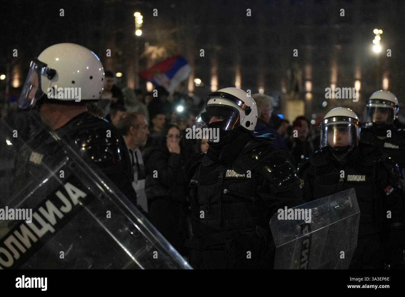 Police forces are deployed on the streets on March 15, 2025 in Belgrade ...