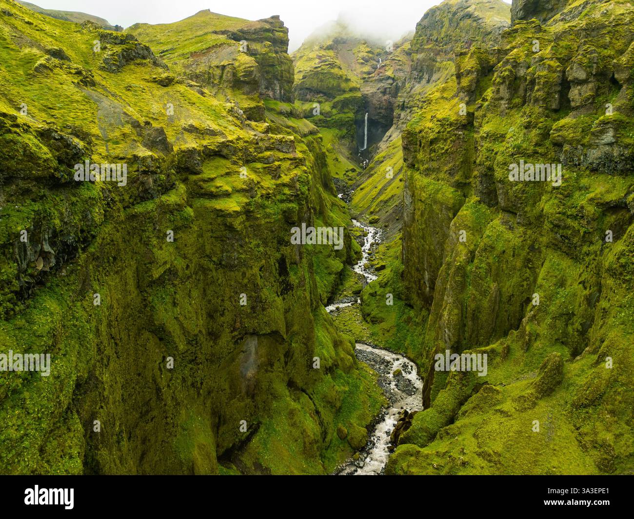 Aerial view Mulagljufur Canyon with Hangandifoss Waterfall , Iceland ...
