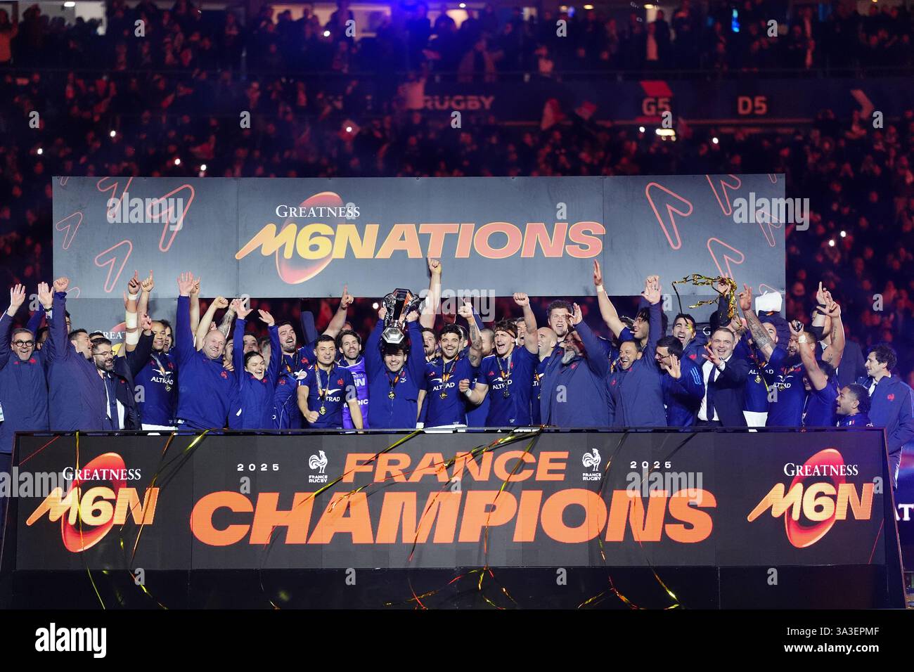 France's Antoine Dupont lifts the Guinness Men's Six Nations Championship trophy after winning ...