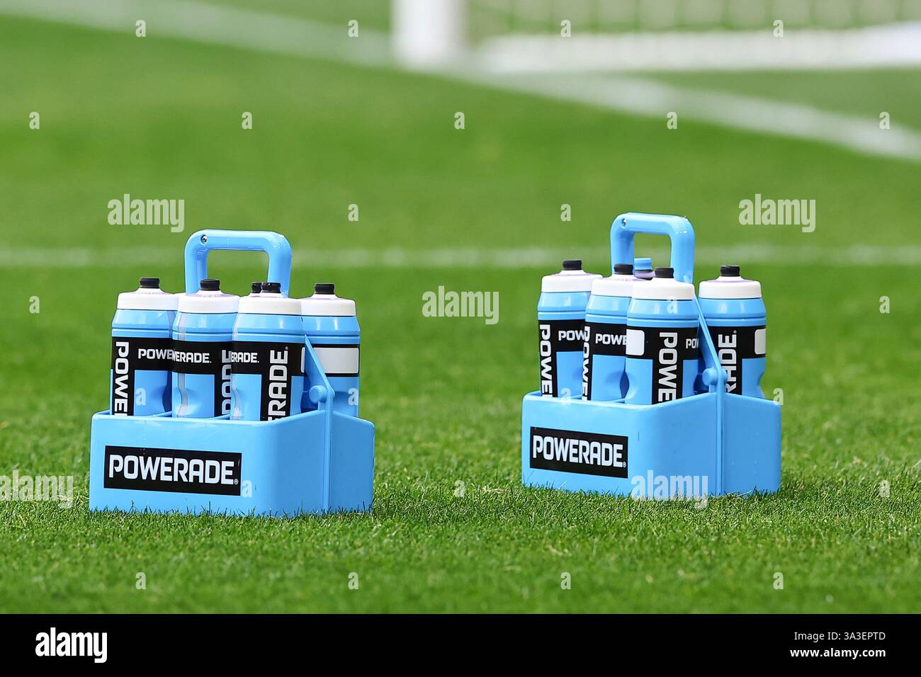 HARRISON, NJ - MARCH 15: A general view of Powerade bottles on the ...