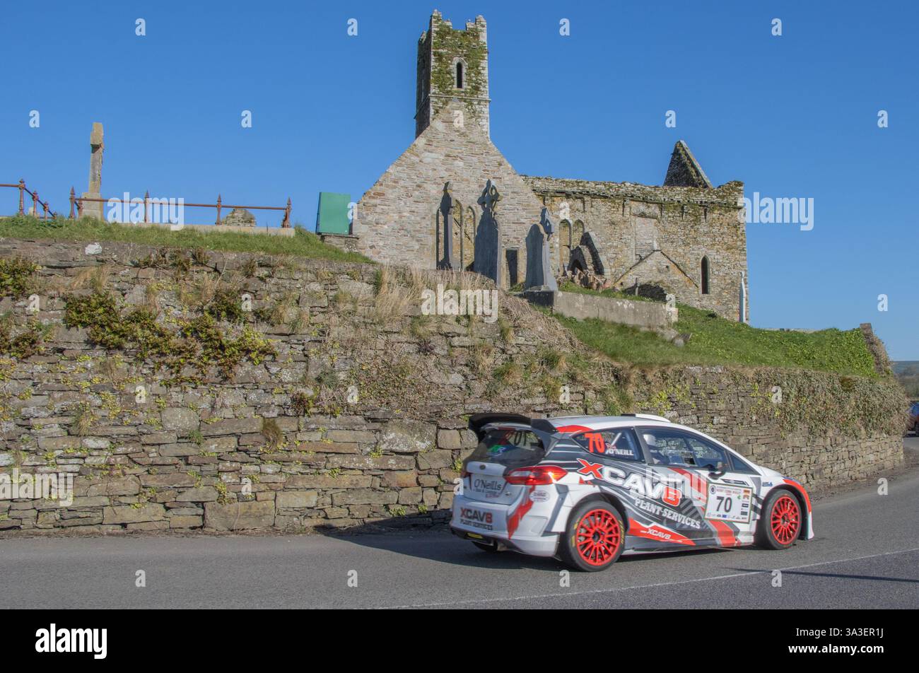 West Cork Rally 2025, cars pass through Timoleague en route to the Kilbrittain stage of the ...