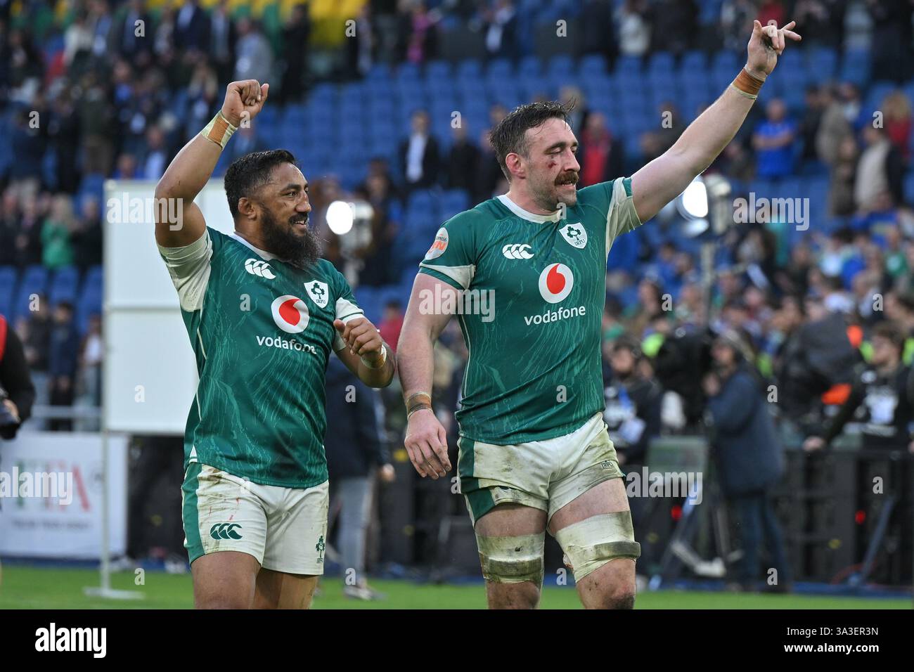 Rome, Lazio. 15th Mar, 2025. Bundee Aki of Ireland, Jack Conan of ...