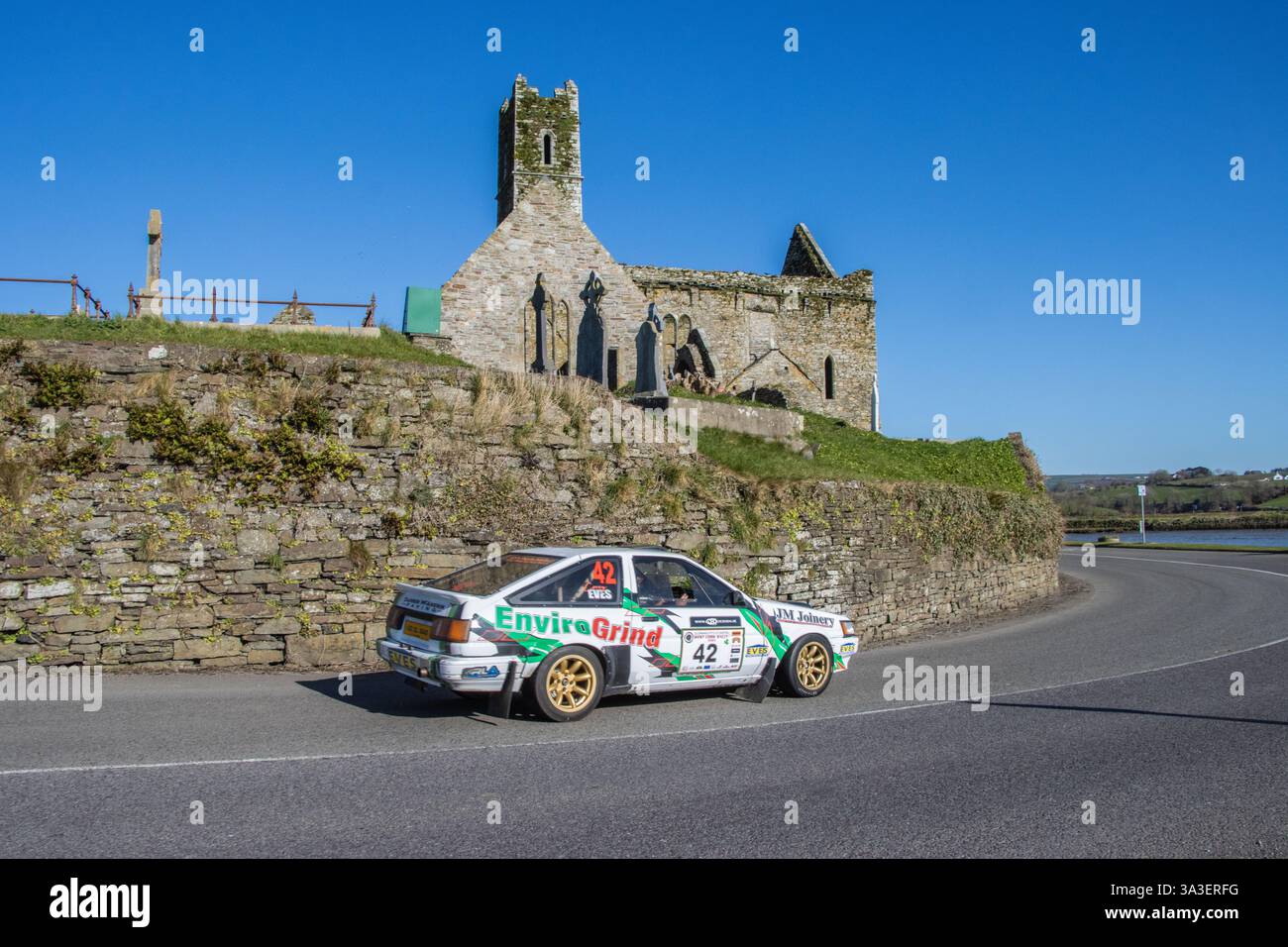 West Cork Rally 2025, cars pass through Timoleague en route to the Kilbrittain stage of the ...