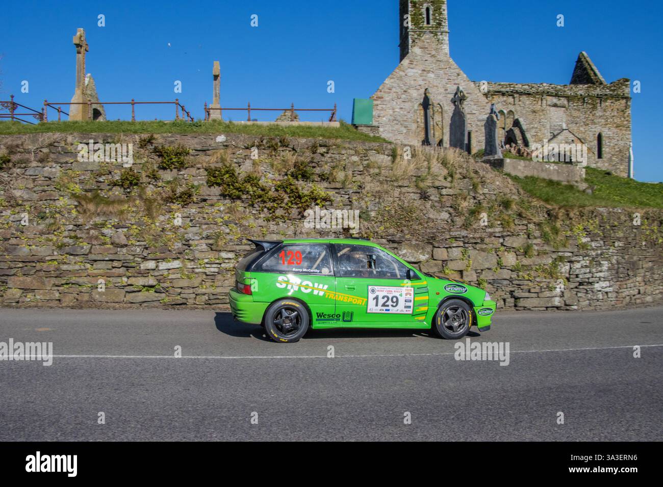 West Cork Rally 2025, cars pass through Timoleague en route to the Kilbrittain stage of the ...