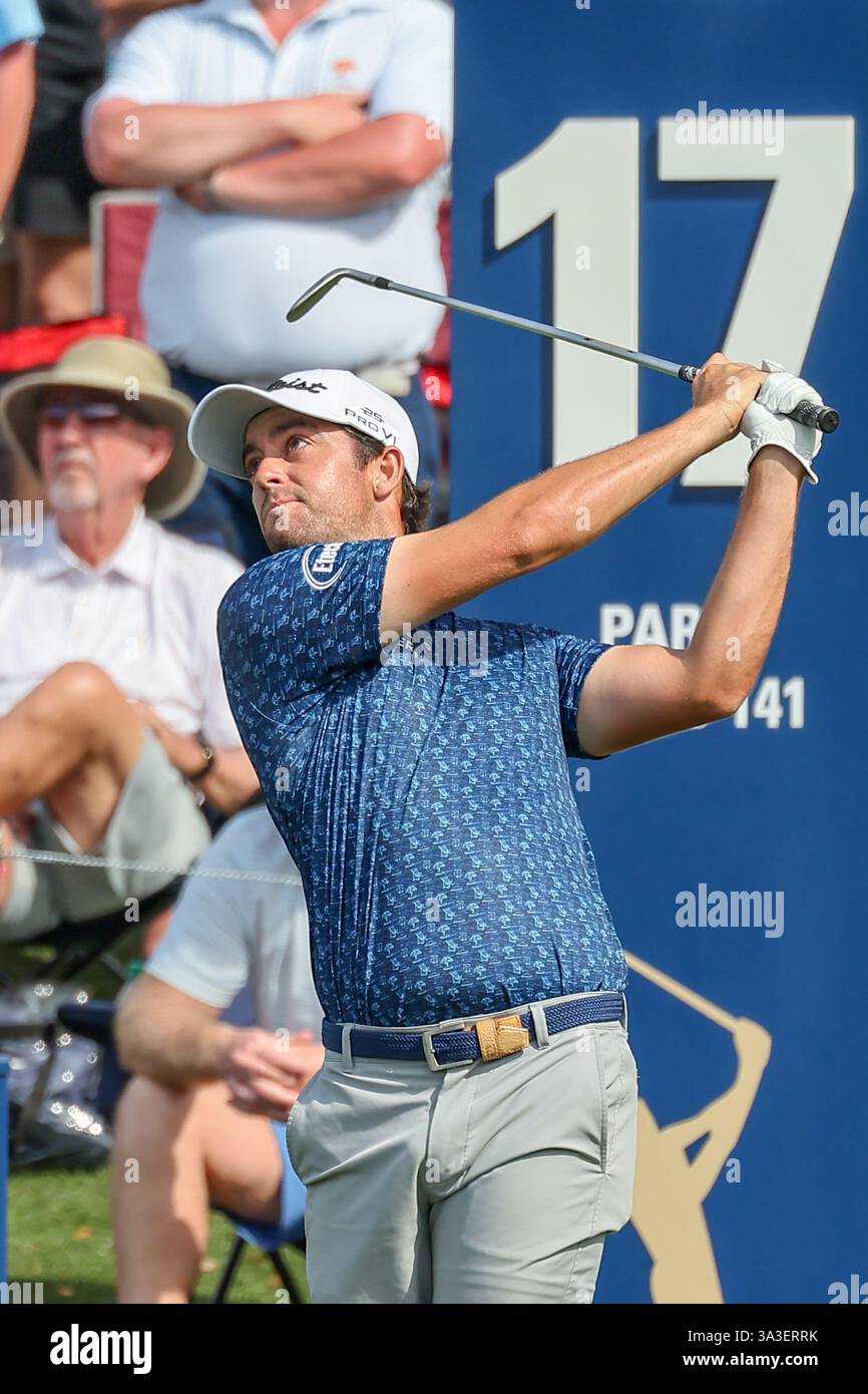 Ponte Vedra, FL, USA. 15th Mar, 2025. Davis Riley hits his tee shot on ...
