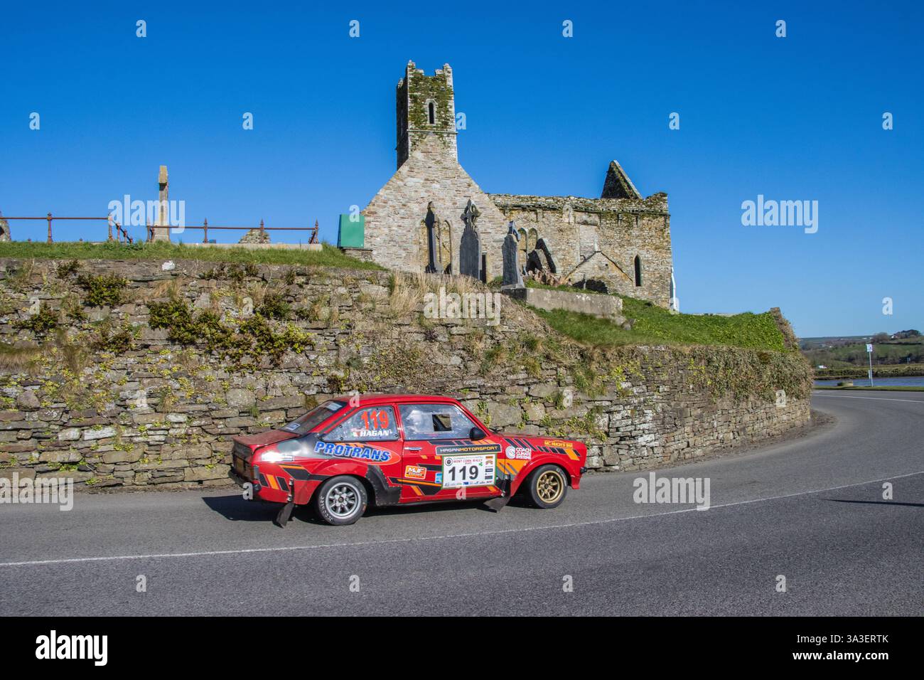 West Cork Rally 2025, cars pass through Timoleague en route to the Kilbrittain stage of the ...