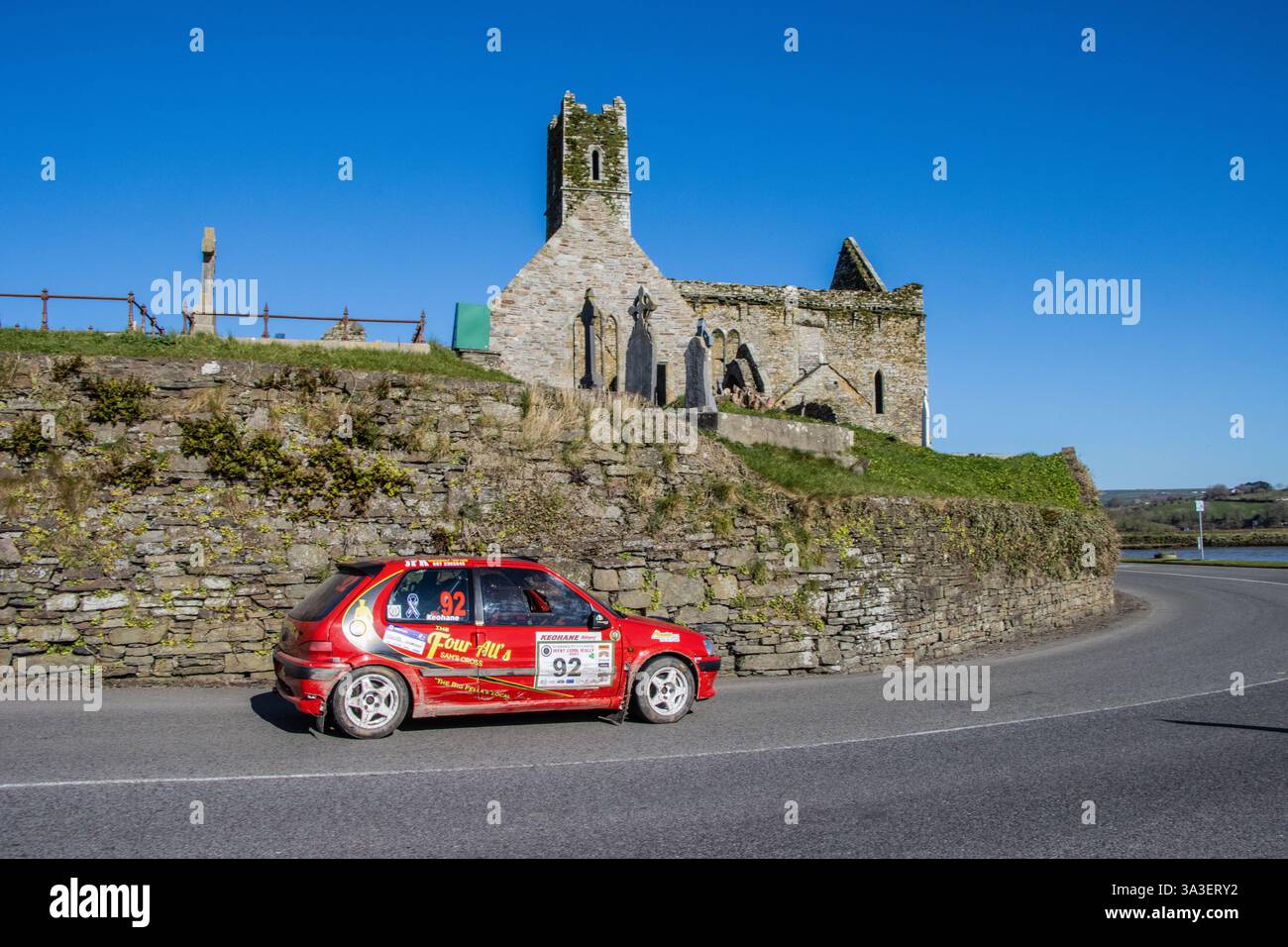 West Cork Rally 2025, cars pass through Timoleague en route to the Kilbrittain stage of the ...