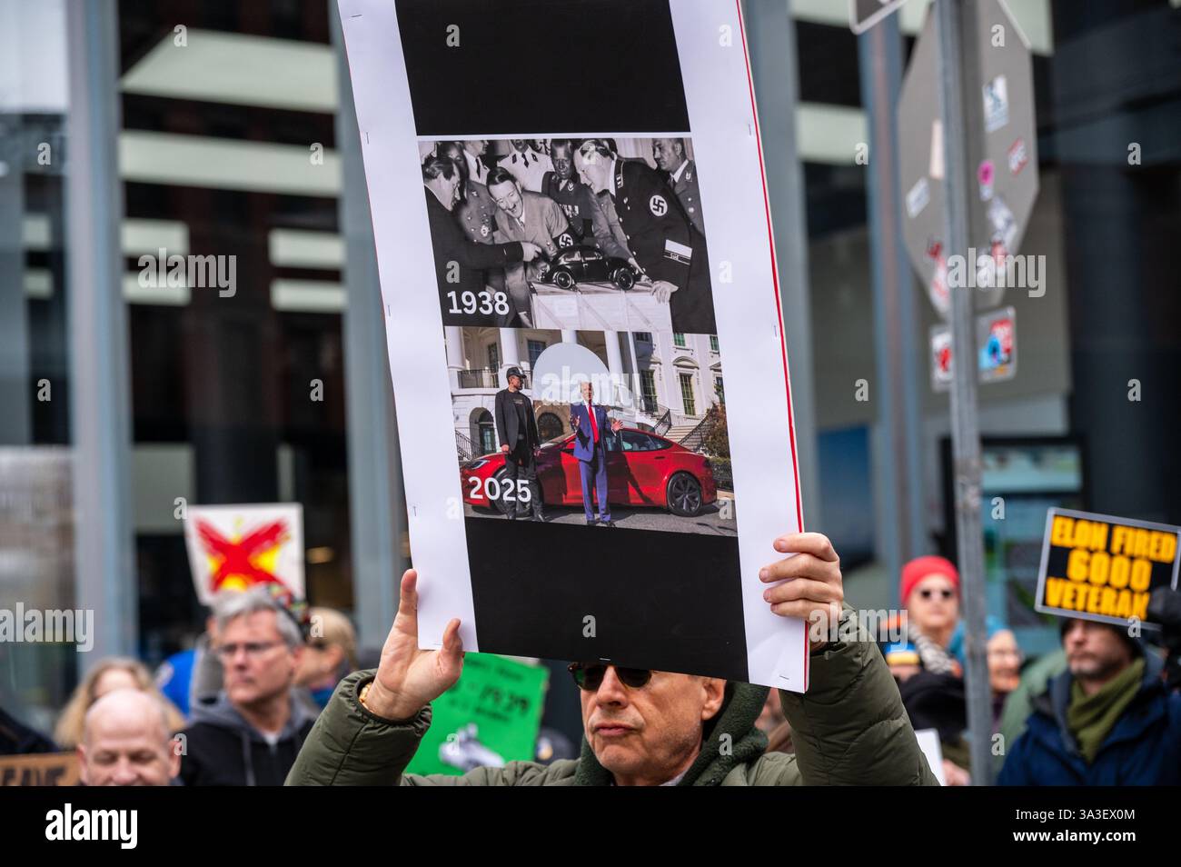 New York, USA, 15th March 2025. Protesters denounce Elon Musk's actions ...