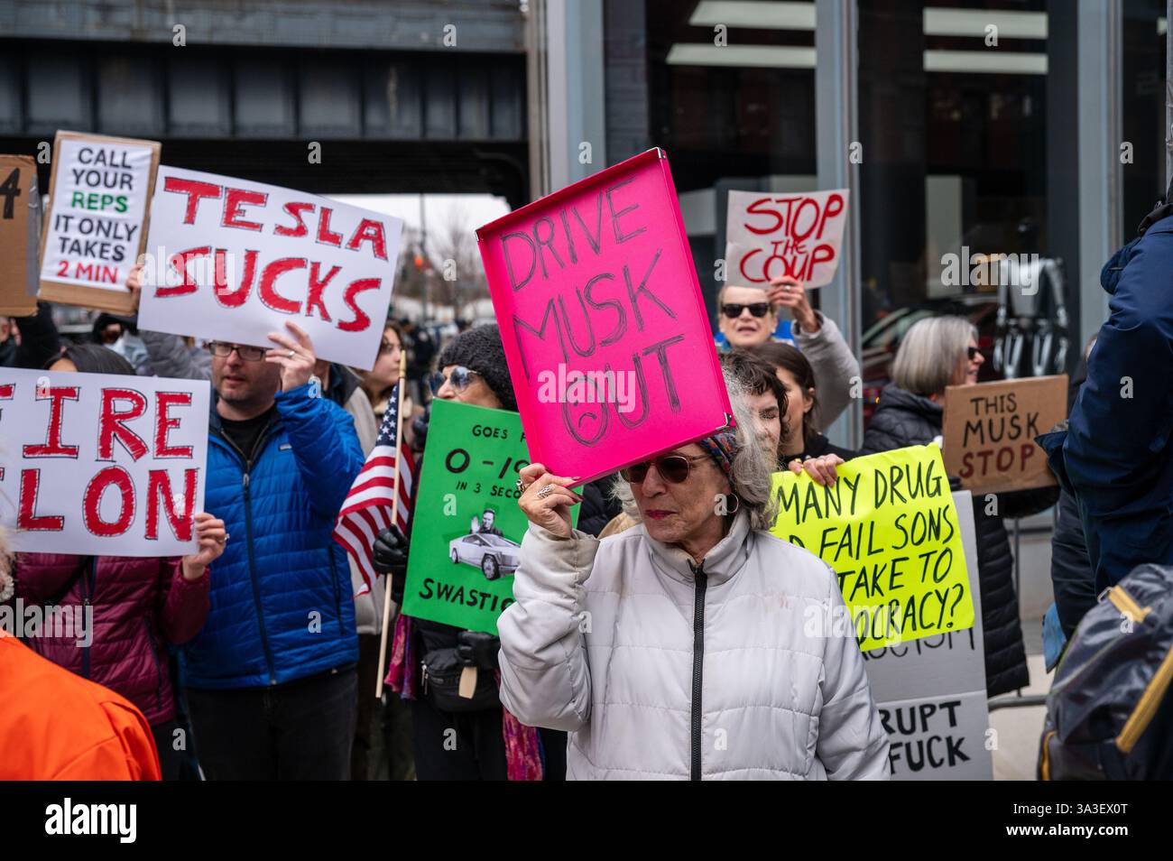 New York, USA, 15th March 2025. Protesters denounce Elon Musk's action ...