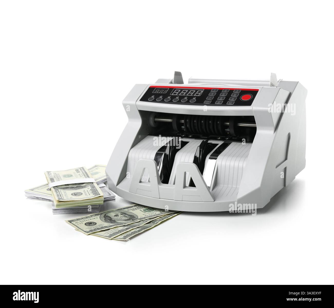 Modern cash counting machine with dollar banknotes on white background ...