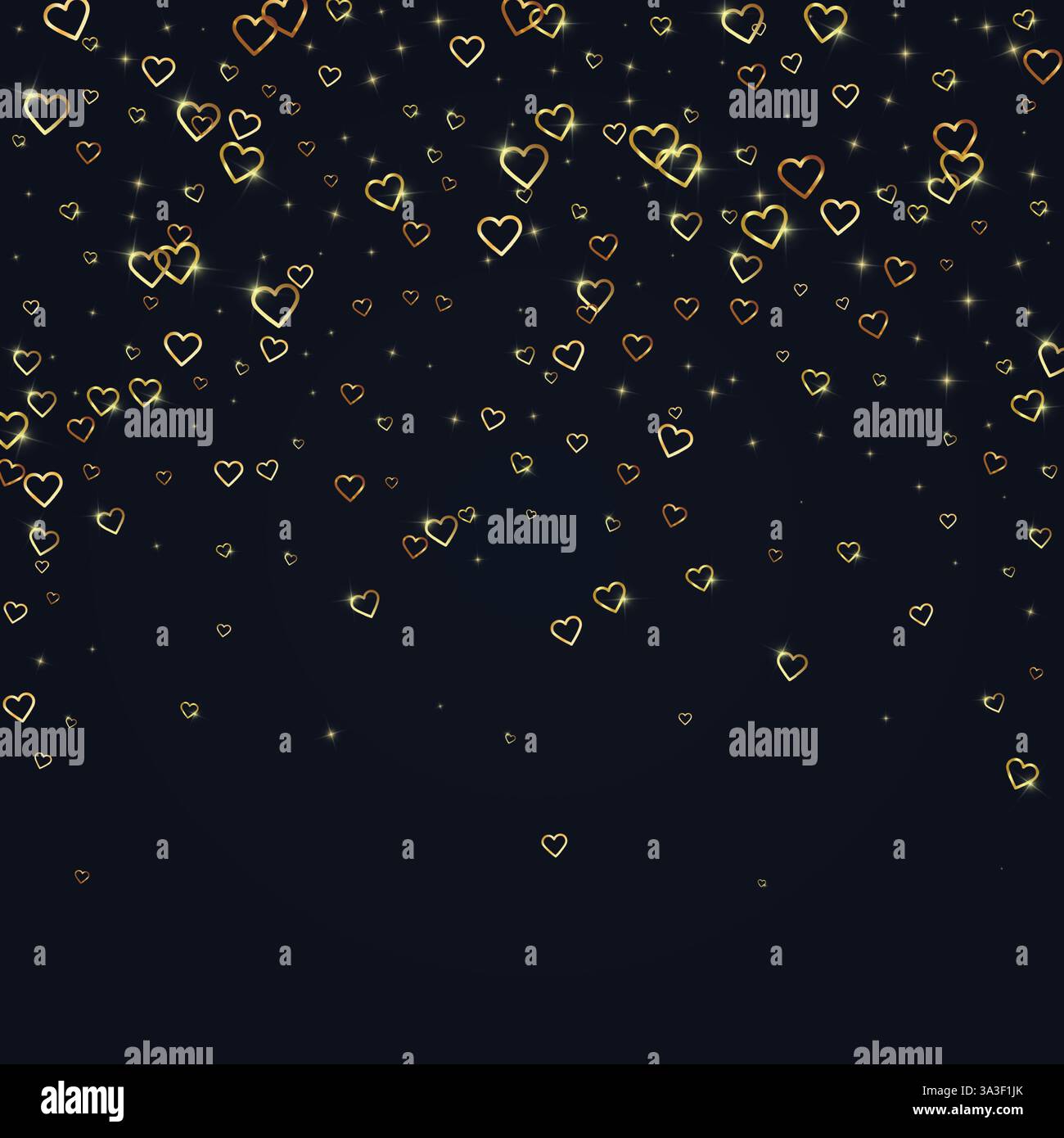 Falling hearts valentine card template. Gold hearts scattered on black ...