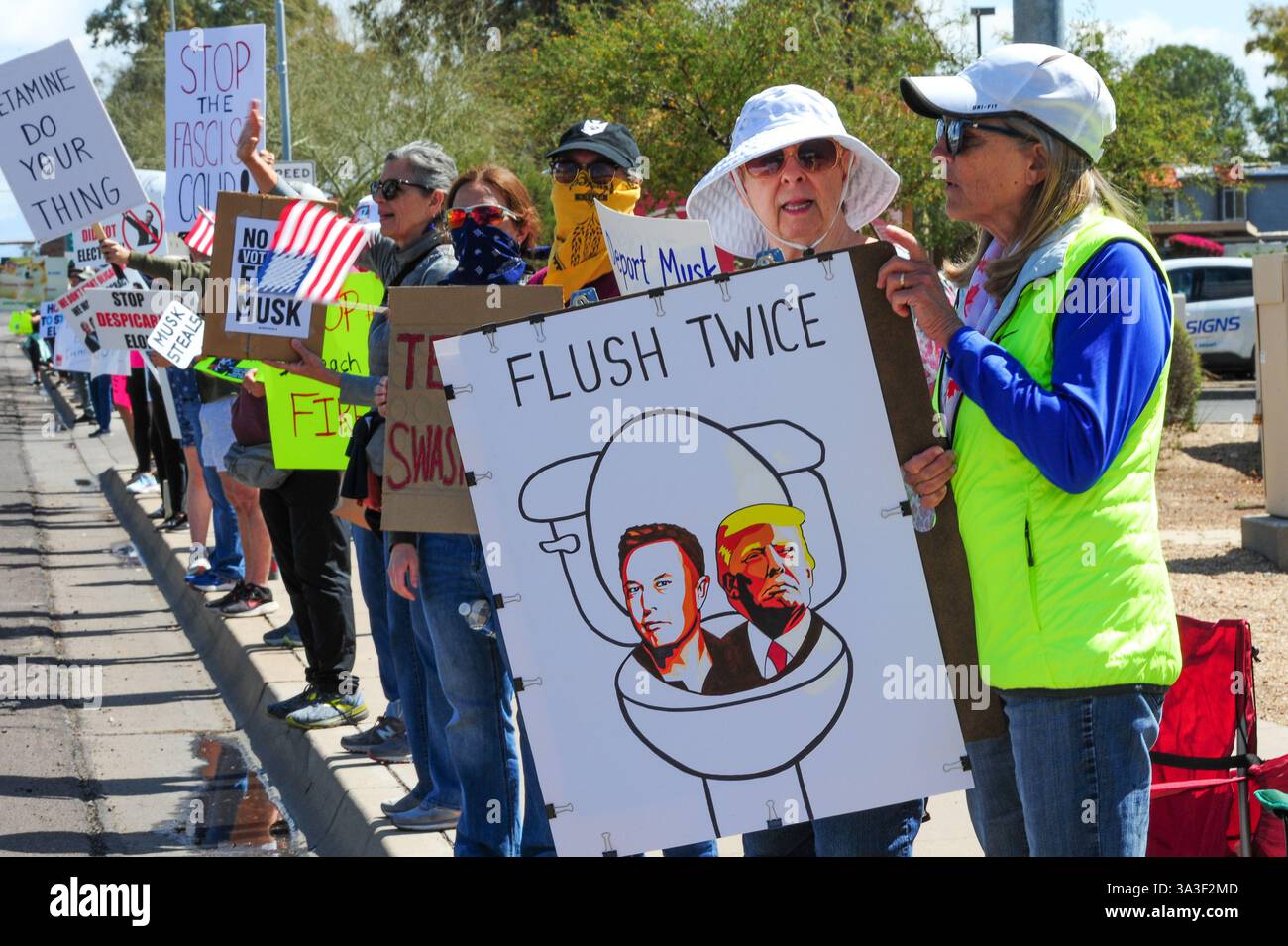 March 15, 2025, Tempe, Arizona, USA: Toilet with Trump and Mush reading ...