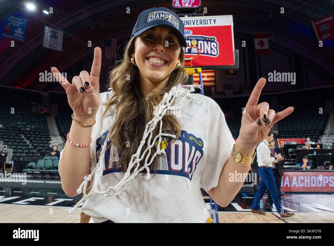 Fairfield head coach Carly Thibault-DuDonis reacts with the net around ...