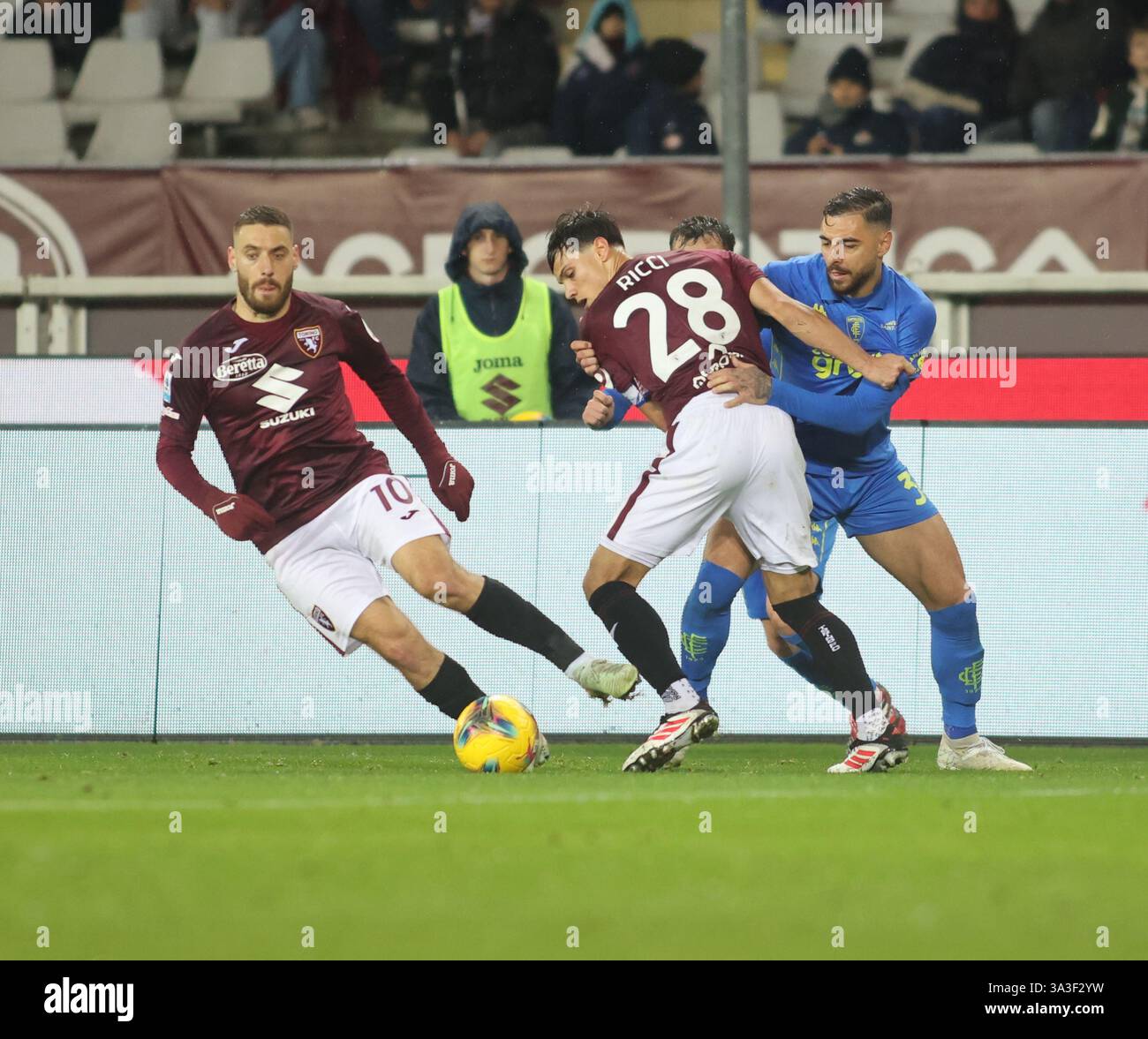 Turin, Italy. 15th Mar, 2025. Nikola Vlasic of Torino FC, Samuele Ricci ...