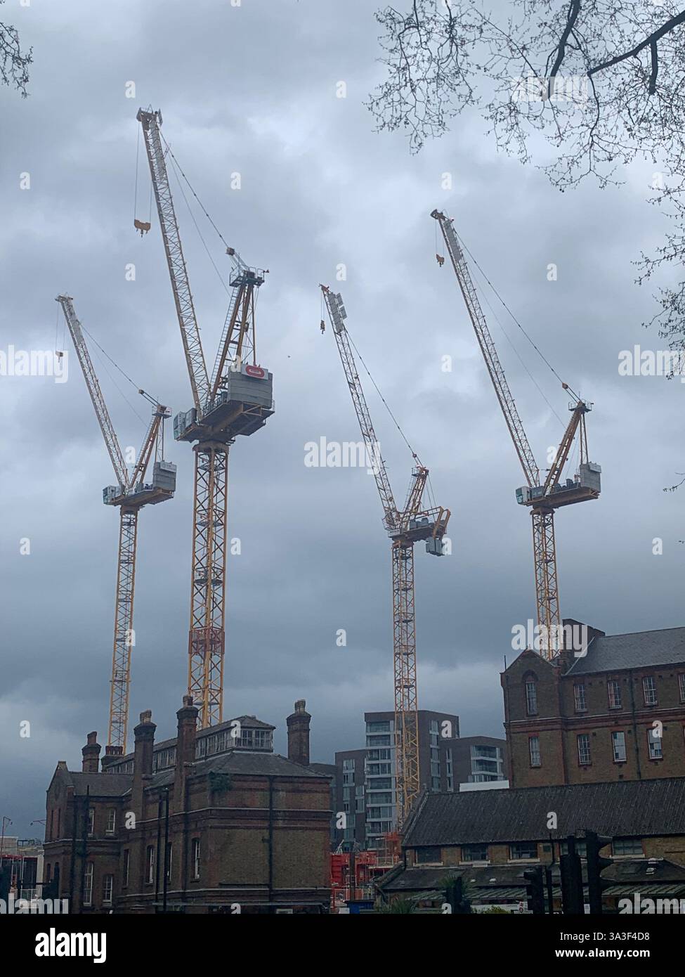 Four cranes all aligned and pointing in the same direction Stock Photo ...