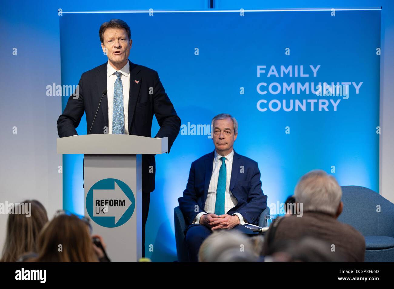 Reform UK leader Nigel Farage MP and his Deputy Richard Tice MP address ...