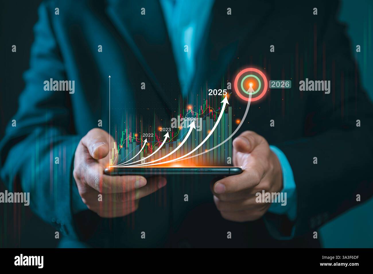 Business man hold the tablet with plan growth increase of positive ...