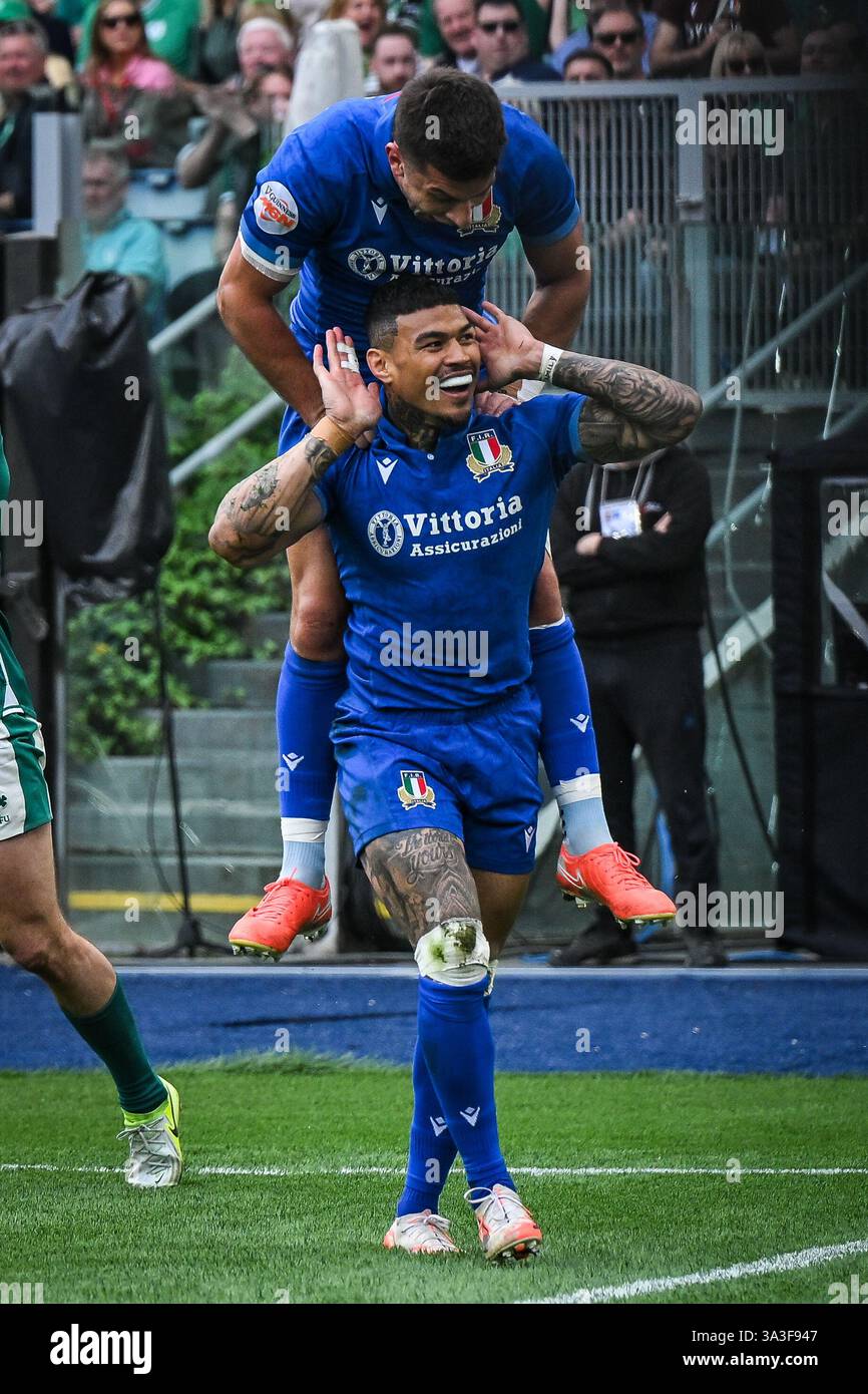 Rome, Italie. 15th Mar, 2025. Monty IOANE of Ireland celebrate his try ...