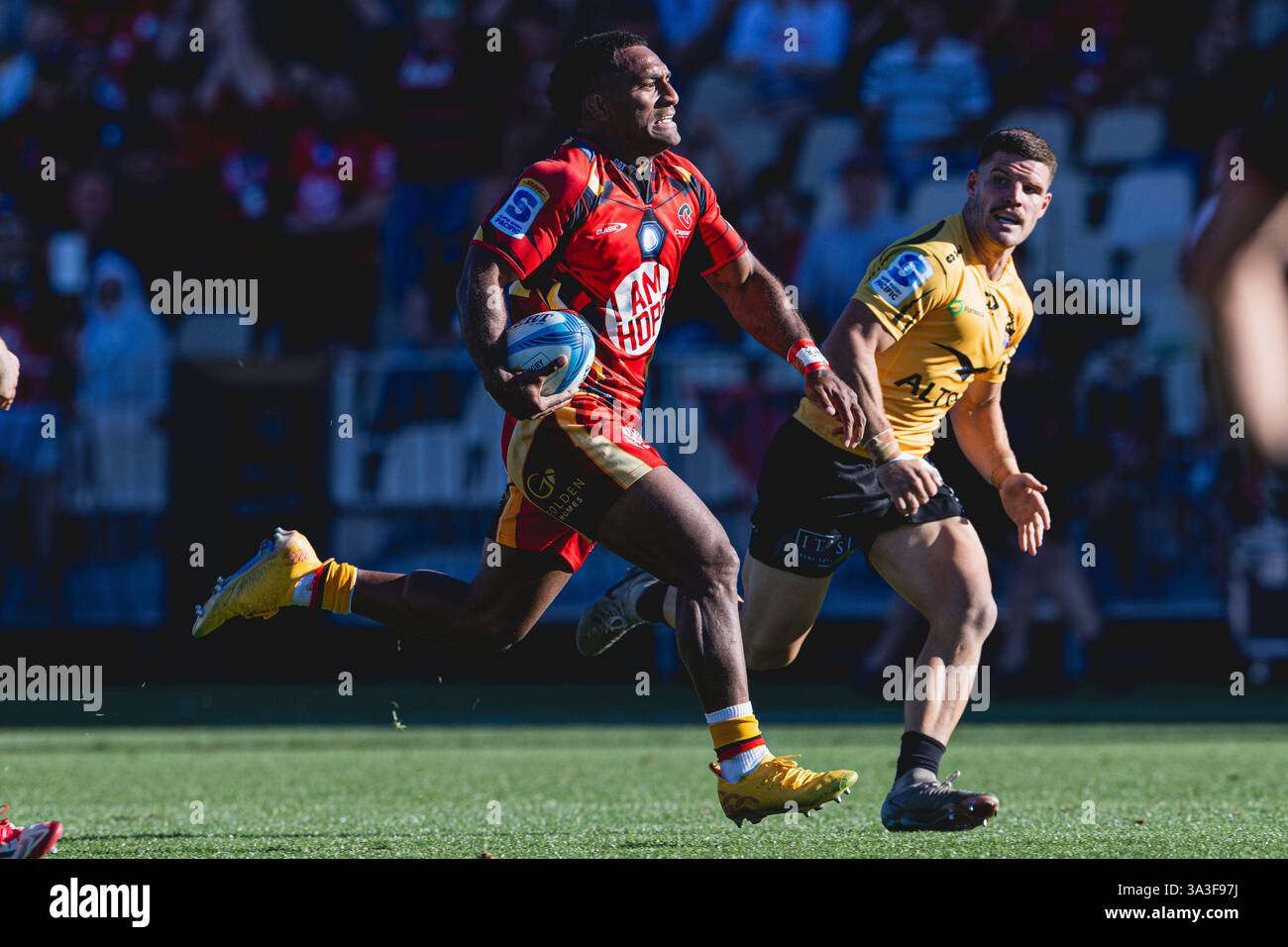 Christchurch, NEW ZEALAND - March 15: Crusaders player Sevu Reece races ...