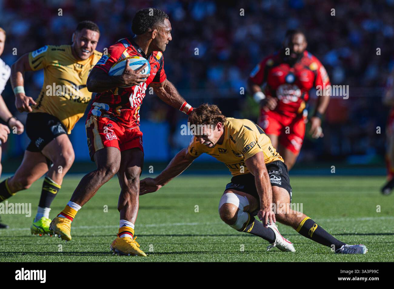 Christchurch, NEW ZEALAND - March 15: Crusaders player Sevu Reece jinks ...