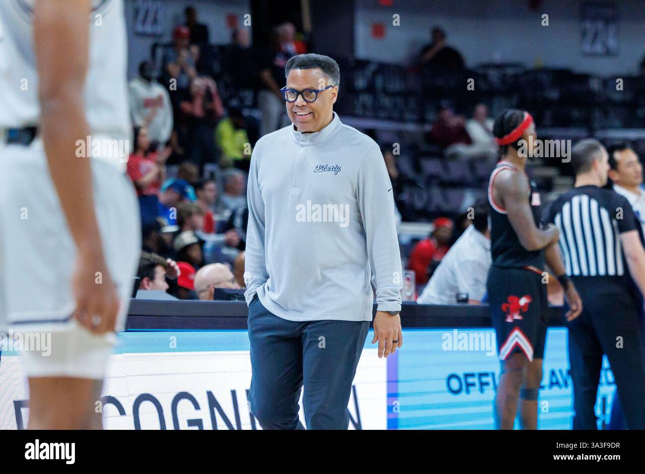 Liberty head coach Ritchie McKay reacts to water dripping on the floor ...
