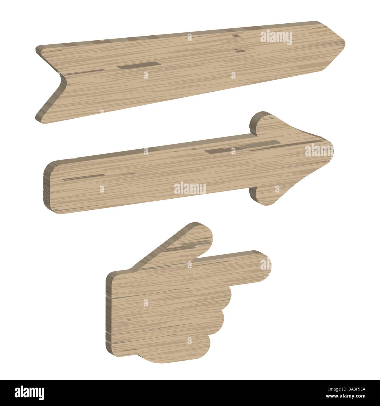 Three wooden pointers. Straight arrows and a pointing hand. Street sign ...