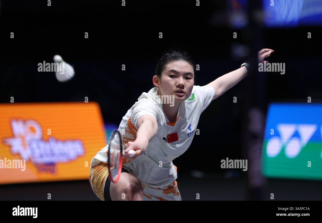 Birmingham, Britain. 15th Mar, 2025. Han Yue hits a return during the ...