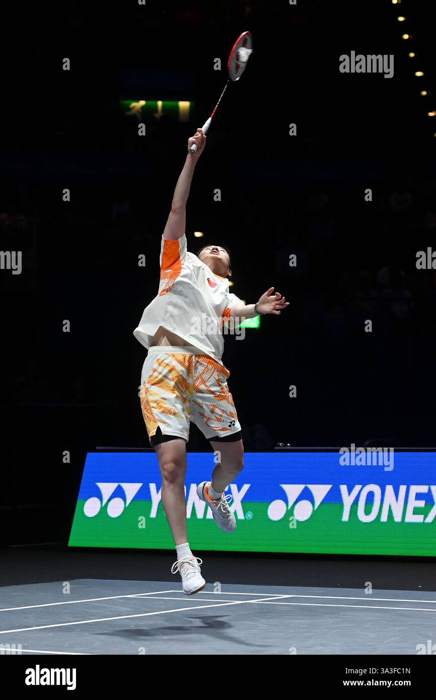 Birmingham, Britain. 15th Mar, 2025. Han Yue hits a return during the ...