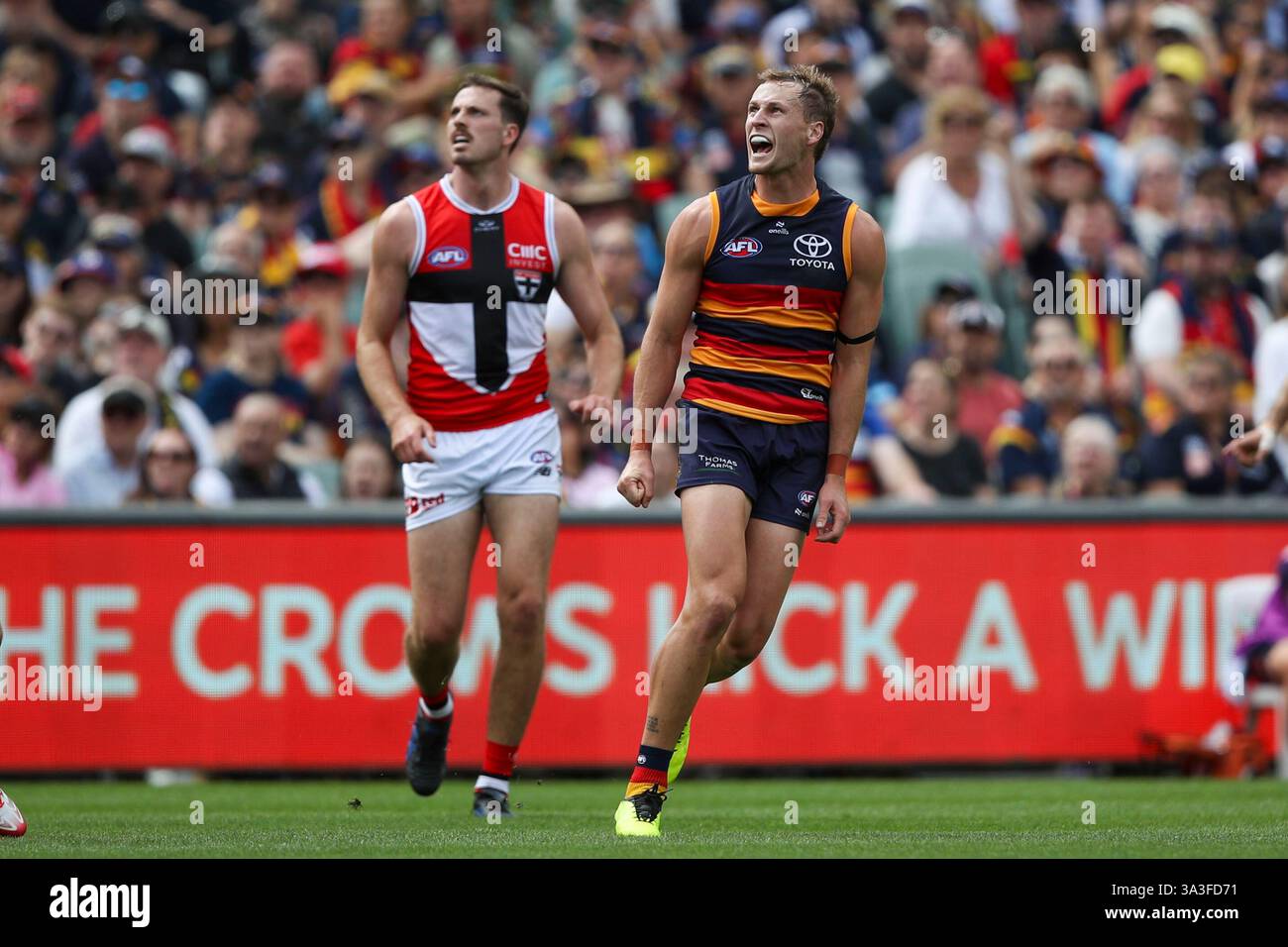 Jordan Dawson of the Crows celebrates a goal during the AFL Round 1 ...