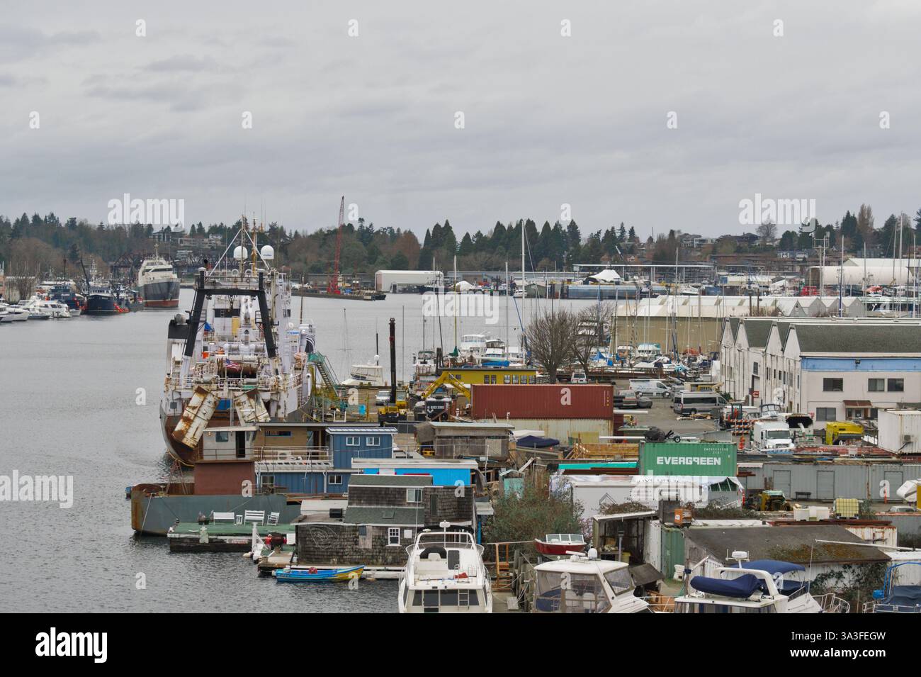 Overview of the Salmon Bay from the Ballard Bridge in Seattle ...