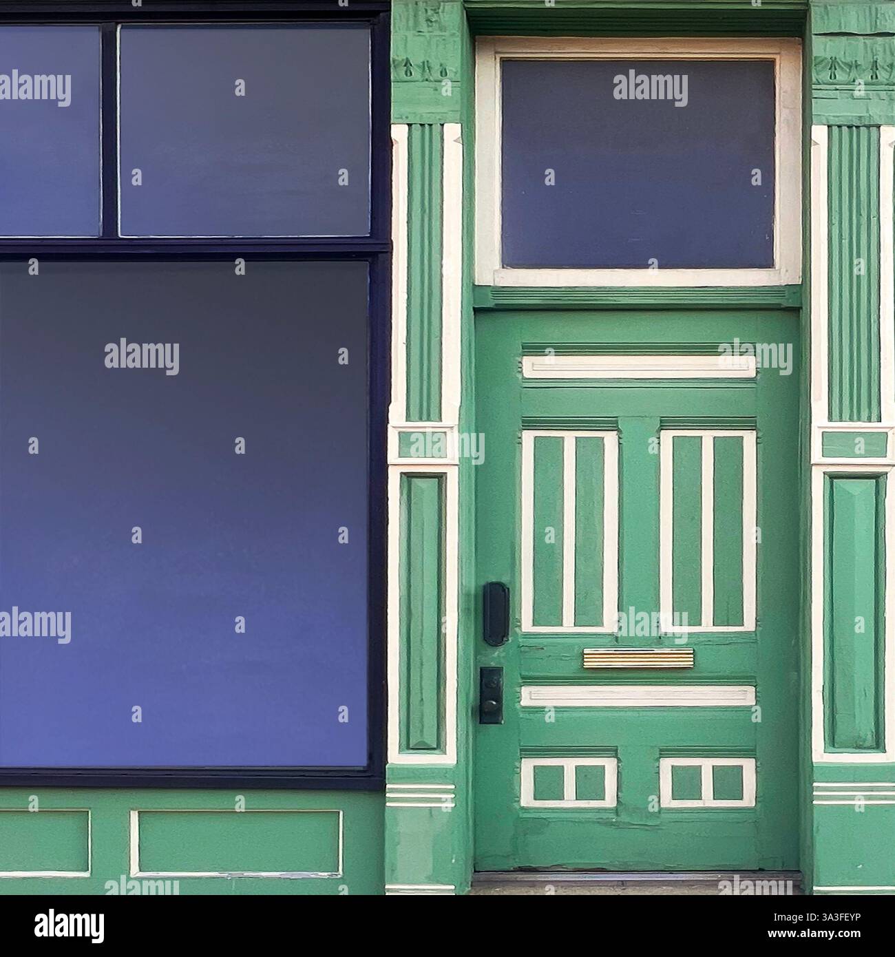 Vintage green and white storefront door with intricate panel details ...