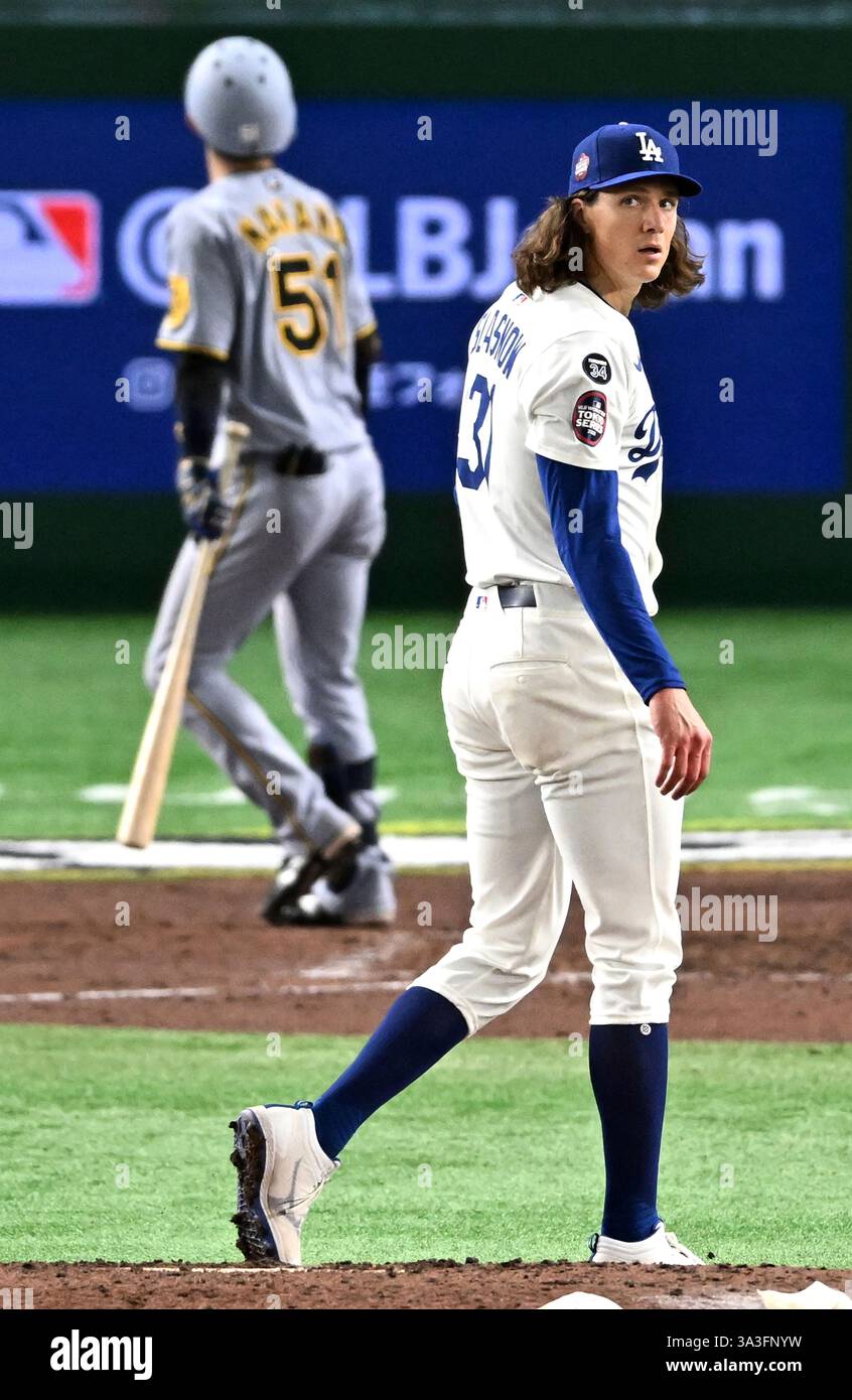 Los Angeles Dodgers' Tyler Glasnow strikes out Takumu Nakano of the Hanshin Tigers in the sixth ...