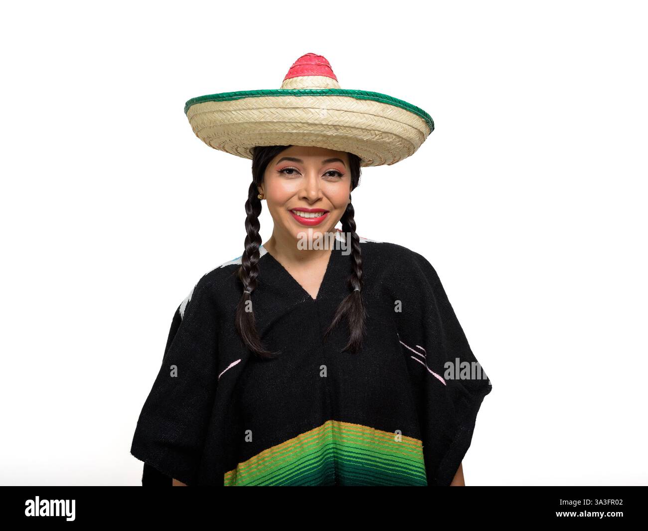 Smiling Mexican woman wears colorful poncho and mexican hat, isolated ...