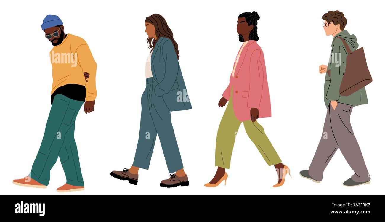 Set of diverse business people walking side view Stock Vector Image ...