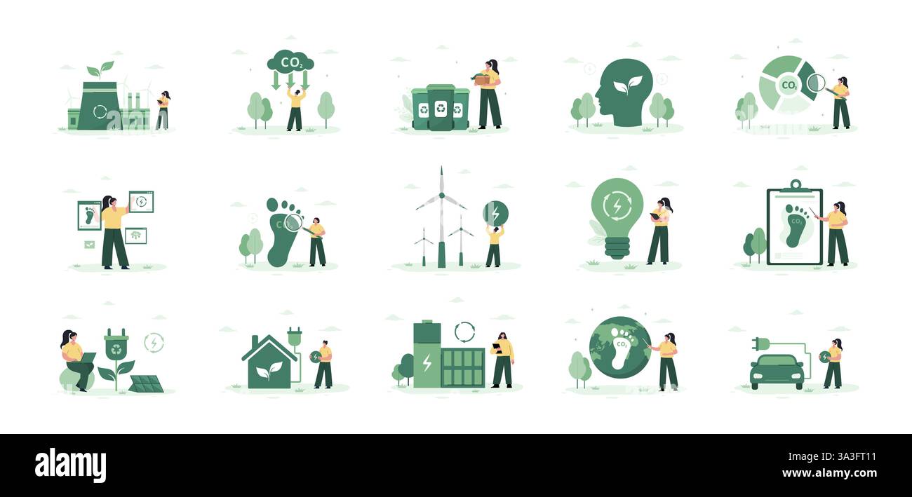 CO2 Neutral. Mega set. Characters calculate emissions from factories ...