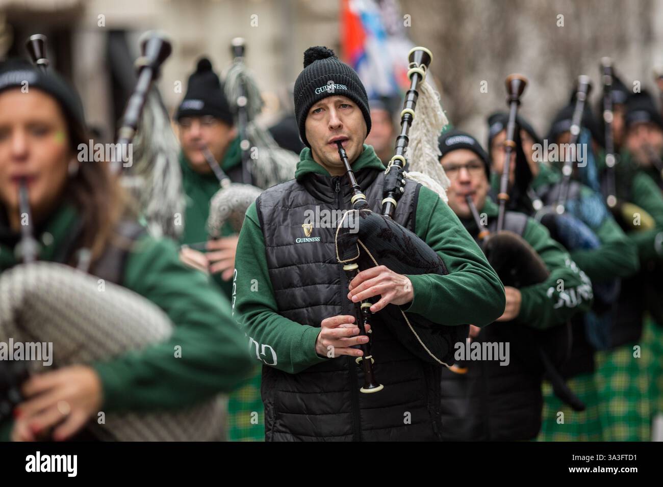 Madrid, Spain. 15th Mar, 2025. Bagpipers play their instruments, during ...