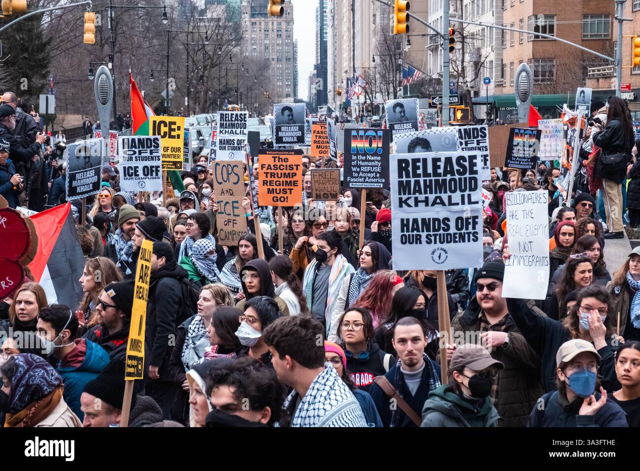 New York, USA. 15th Mar, 2025. Protesters enter the Columbus Circle ...